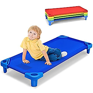Costzon Daycare Cots for Kids, Pack of 4, 51” L x 23” W Stackable Nap Cots with Easy Lift Corners, Ready-to-Assemble, Preschool Classroom Daycare Beds for Sleeping, Resting, Naptime (Multicolor)