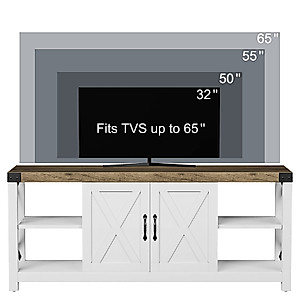 58 Inch TV Stand for TV up to 50 60 65 Inches, Farmhouse Wood TV Cabinet Entertainment Center with Storage and Adjustable Shelves (White)
