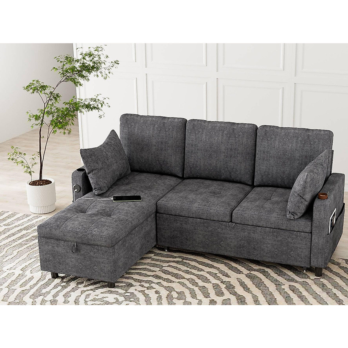 TTGIEET Pull Out Couch with Reversible Storage Chaise, L Shape Sleeper Sofa with 2 USB Port & Cup Holders, 2 in 1 Convertible Sofa Bed with 2 Pillows for Living Room (Dark Grey, Chenille)