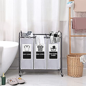 C&AHOME 3-Bag Laundry Sorter Cart, Rolling Laundry Hamper Organizer, Laundry Basket Sorter, Removable Bags with 4 Sorting Cards and Heavy Duty Rolling Lockable Wheel for Clothes Storage, Grey ULSCM03G