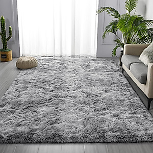 Deerhoo Large Shag Area Rugs 6 x 9, Tie-Dyed Plush Fuzzy Rugs for Living Room, Ultra Soft Fluffy Furry Rugs for Bedroom, Indoor Carpet Nursery Rugs for Kids Room Home Decor, Light Grey