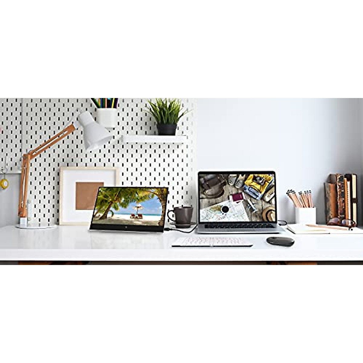 HP E14 G4 FHD (1920 x 1080) Portable Travel Monitor Bundle with 2 USB Type-C, Black Marble Bluetooth Folding Wireless Keyboard, and Black Pebble M355 Bluetooth Wireless Mouse