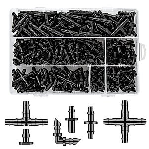 Unoutur 300 Pcs Barbed Connectors Drip Irrigation Fittings Kit, 1/4" Drip Irrigation Kit for Garden Flower Pot Greenhouse Lawn (Straight Barbs,Single Barbs,Tees,Elbows,End Plug,4-Way Coupling)