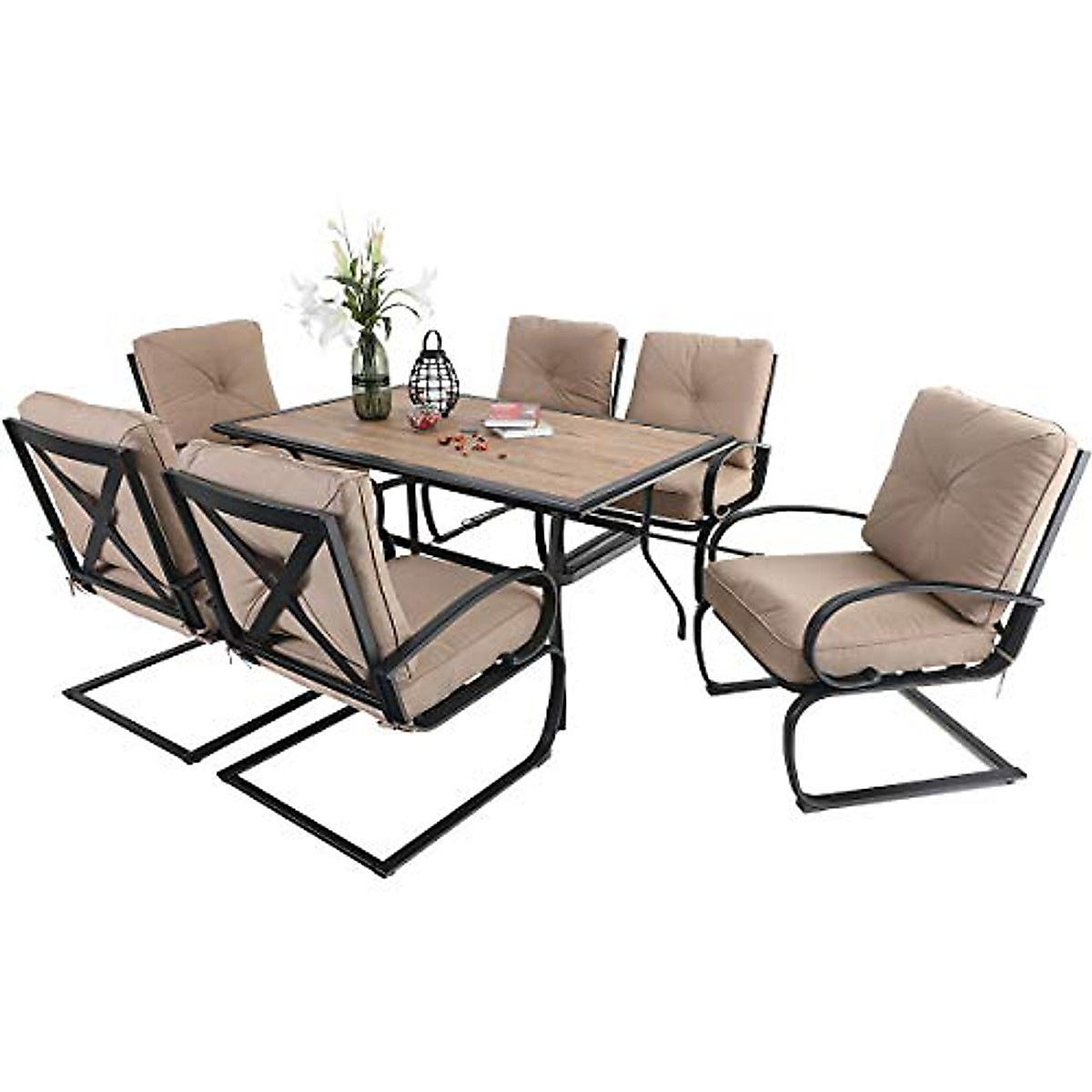 PHI VILLA 7 Pcs Patio Dining Set, Outdoor Furniture Dining Set with 6 Spring Motion Chair with 3.9" Cushion & 1 Large Rectangular Table for Garden, Lawn, Beige