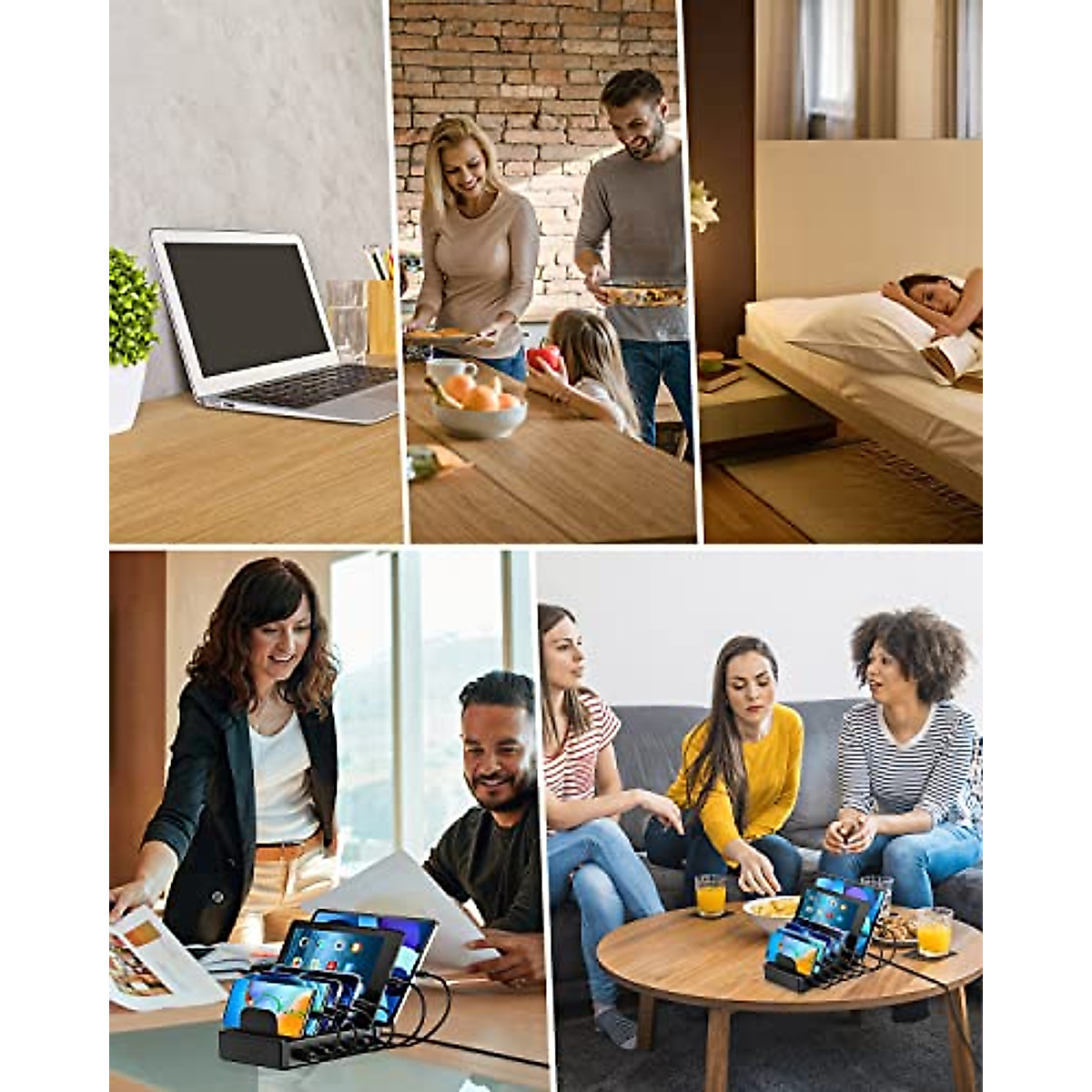 Charging Station for Multiple Devices, ALFUEL 50W 6 Port USB Charging Station Dock with 6 Charging Cables, Charger Station Organizer for iPhone, Android, Tablets, Kindle, Smart Watch - Black