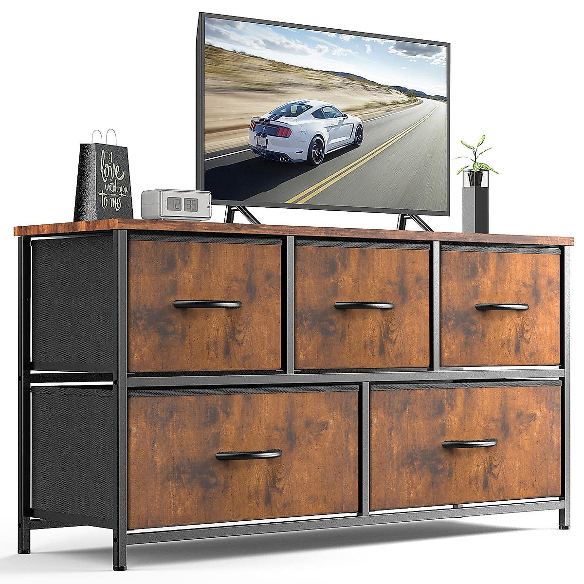 Sweetcrispy Dresser for Bedroom 5 Fabric Drawers Dresser Clothes Cabinet Storage Organizers and Wood Top Surface Table for TV, Chest of Drawers for Bedroom, Living Room, Hallway, Porch Organization