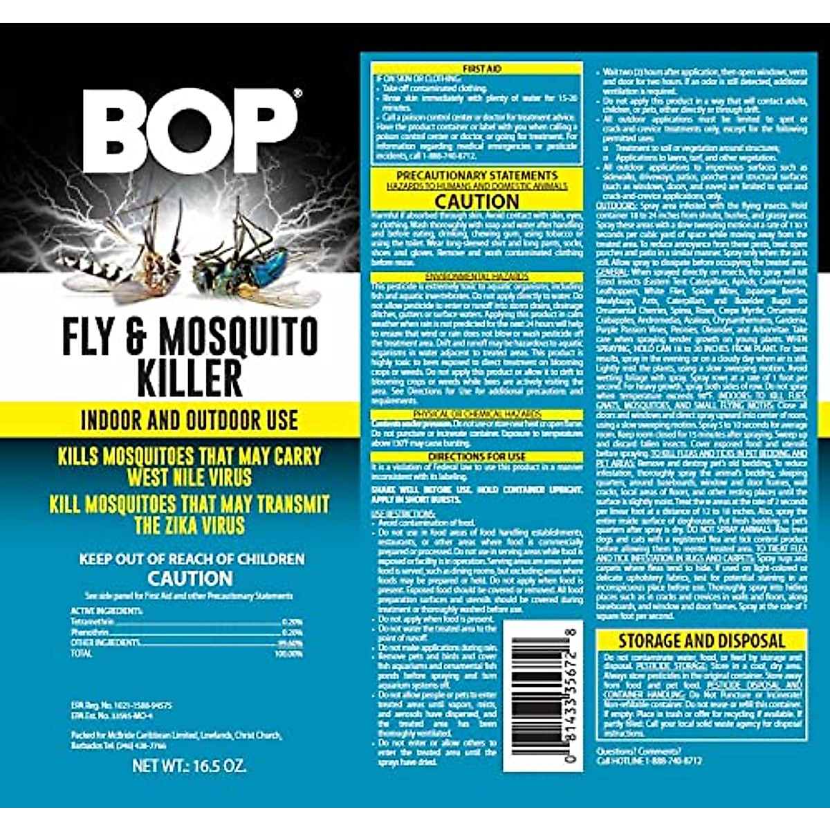 BOP Fly and Mosquito Killer, 16.5 oz, Easy to Use Pest Control Spray, Kills Bugs On Contact and Keeps Your Home Insect Free, Indoor/Outdoor Use for Quick Results