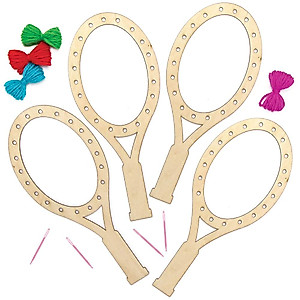 Baker Ross AT987 Tennis Racket Wooden Weaving Kits - Pack of 4, Introductory Sewing for Beginners and for Kids Arts and Crafts Projects