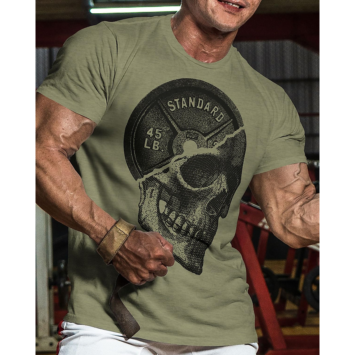 Gymish Lifestyle Skull Plate Gym Shirt, Work Out Deadlift Skull T-Shirt for Men (LG, SkullPlate Military Green)