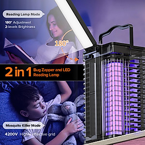Solar Bug Zapper for Outdoor Indoor, Cordless & Rechargeable Mosquito Zapper with Reading Lamp, 4200V High Powered Mosquito Killer Insect Fly Trap 4000mAh Battery for Home, Patio, Camping