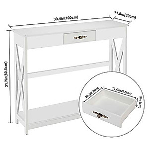Bonnlo White Entryway Table with Drawer and Shelf, Slim Console Tables with Storage, Farmhouse Sofa Tables for Living Room, Hallways, Foyer, 39.4”W x 11.8”D x 31.7”H