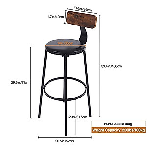 ALAPUR Rustic Bar Stools Set of 2 with Back and Footrest,Industrial Counter Height Bar Stools for Dining Room Kitchen Farmhouse,Black(20.5" D x 20.5" W x 39.4" H)