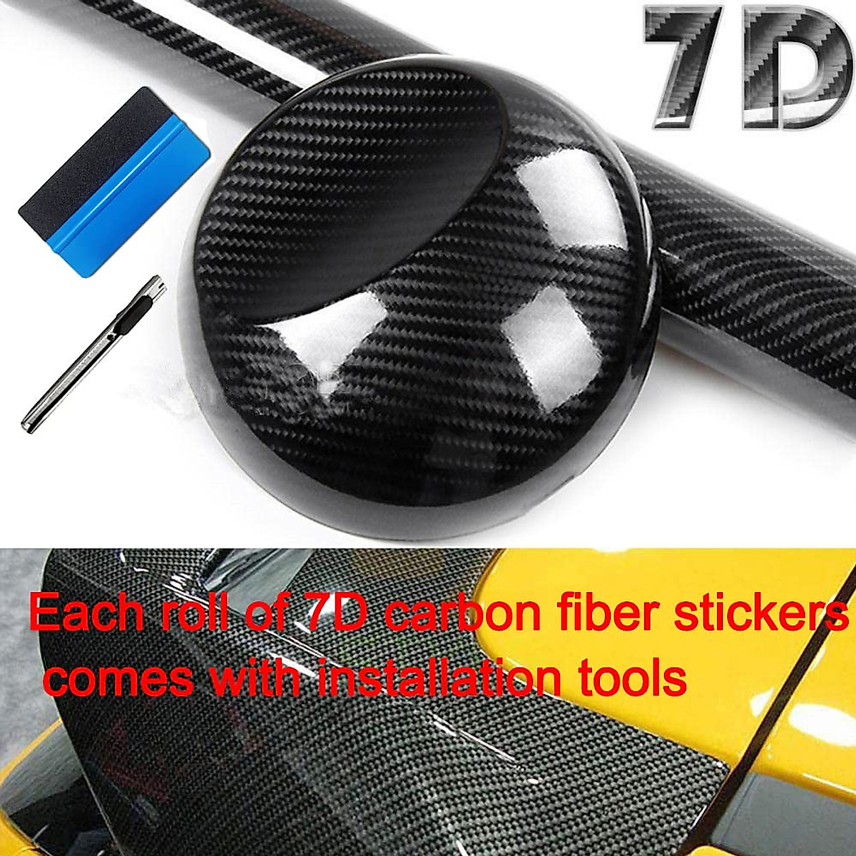 LZLRUN 7D Carbon Fiber High Gloss Vinyl Wrap Sticker with Air Realease Bubble Free Anti-Wrinkle Come with Installation Tool (1FT x 5FT)