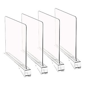 J1ST Pack of 4 Shelf Dividers for Closet Organization Acrylic Clear Closet Shelf Divider for Wooden Shelving Suitable for Wooden or Vertical Shelves or Bedroom, Kitchen and Office