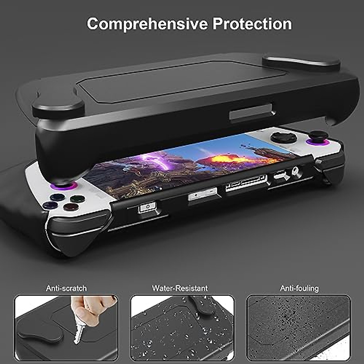 Protective Case for ROG Ally, Back & Screen Full Wrapped Cover with Stand for ROG Ally Gaming Consoles, Premium TPU Protective Sleeve Sweat-Proof Anti-Slip Case Full Protection (Black)