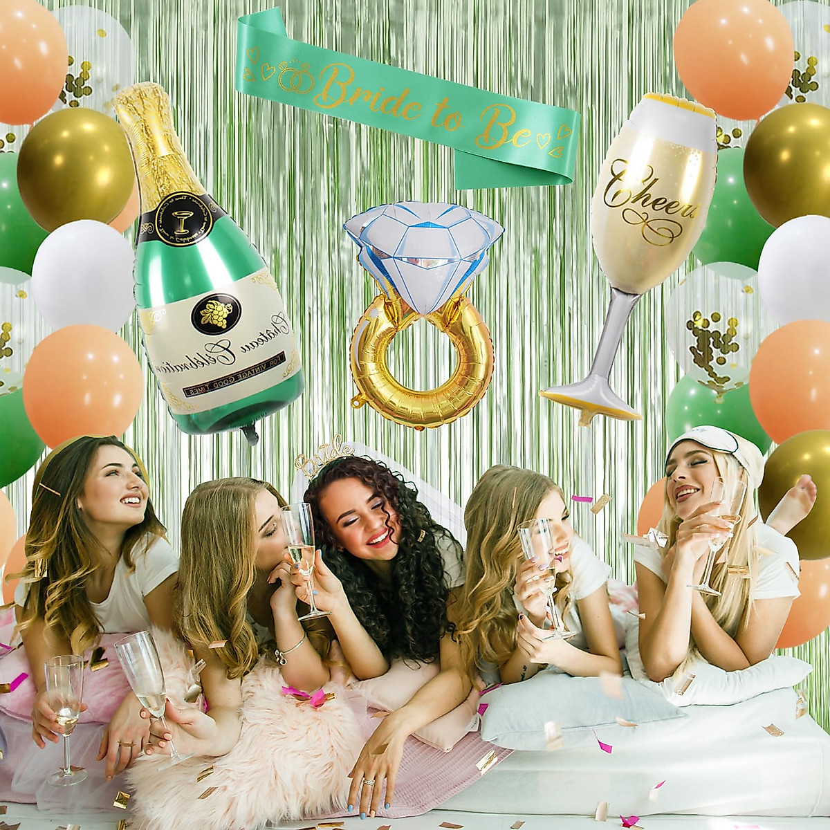 Vlipoeasn 33PCS Bachelorette Party Decorations - Green Bride to Be Party Decoration Kit, Bride to Be Sash, Crown, Veil, Foil Curtains, Champagne Bottle Goblet Balloons, Bridal Shower Party Supplies