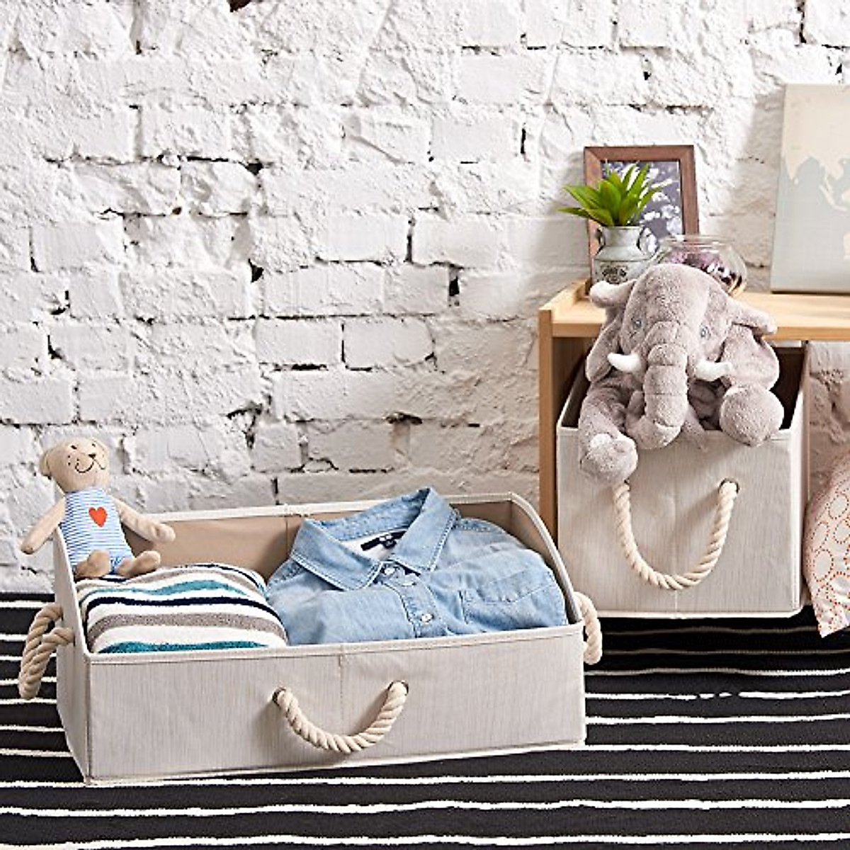 EZOWare Set of 6 Large Storage Bins Foldable Fabric Organizer Boxes with Cotton Rope Handle, Collapsible Basket for Closet, Baby Toys, Diaper - Beige