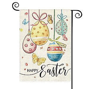 AVOIN colorlife Happy Easter Garden Flag 12x18 Inch Double Sided Outside, Easter Eggs Butterfly Pascha Yard Outdoor Decoration