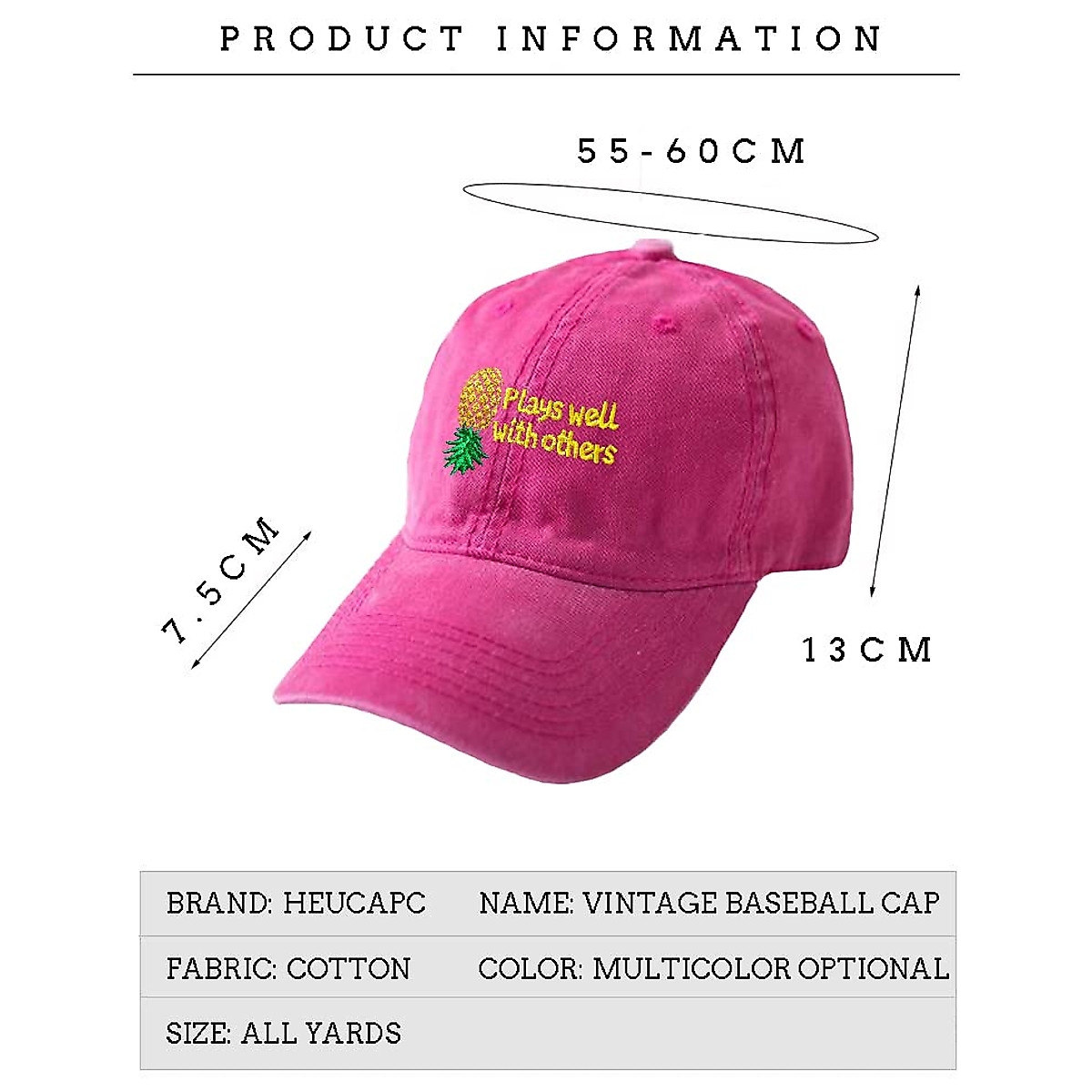 Embroidered Plays Well with Others Baseball Hat Upside Down Pineapple Denim Hat Adjustable Embroidery Baseball Cap Pink