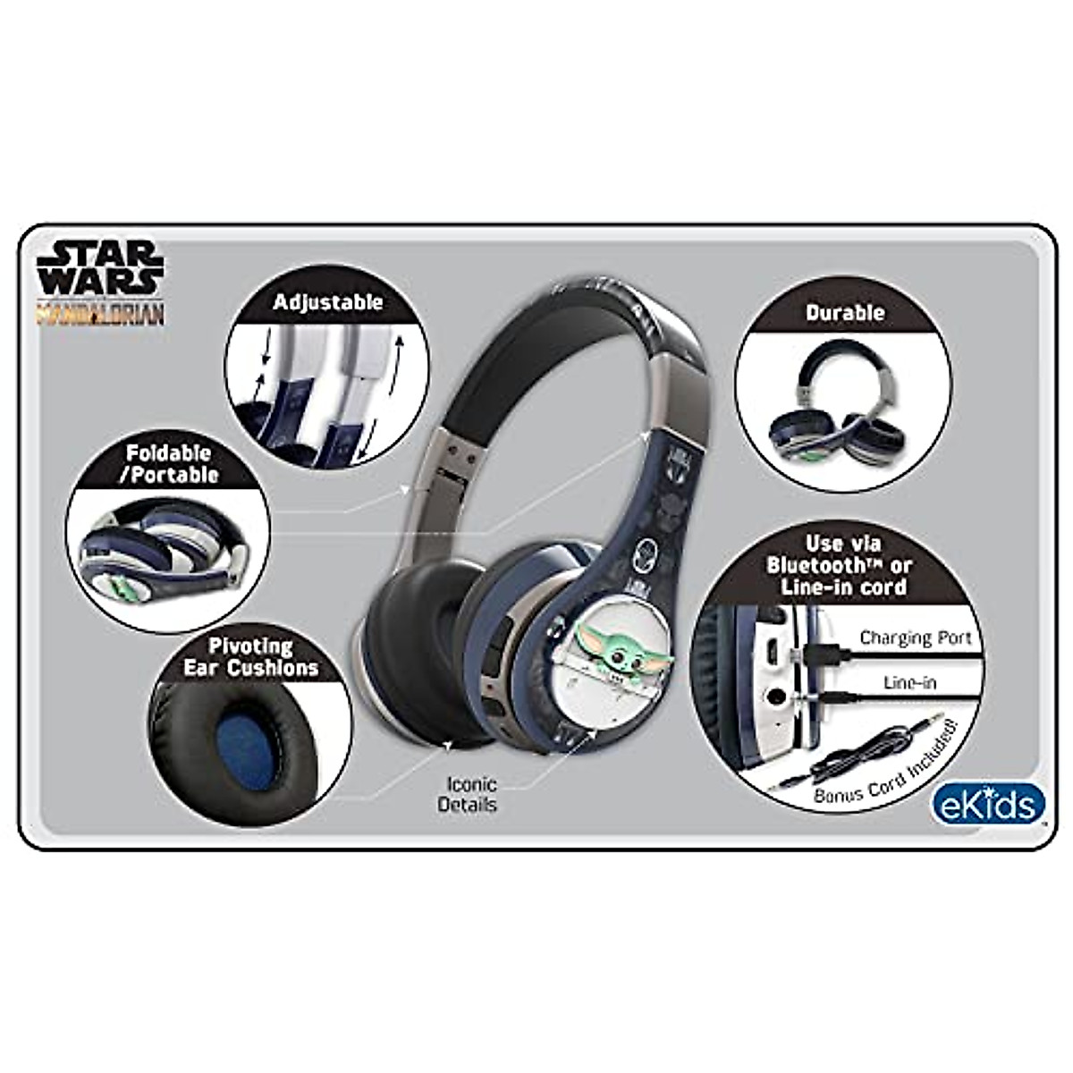 Star Wars The Child Kids Bluetooth Headphones, Wireless Headphones with Microphone Includes Aux Cord, Volume Reduced Kids Foldable Headphones for School, Home, or Travel