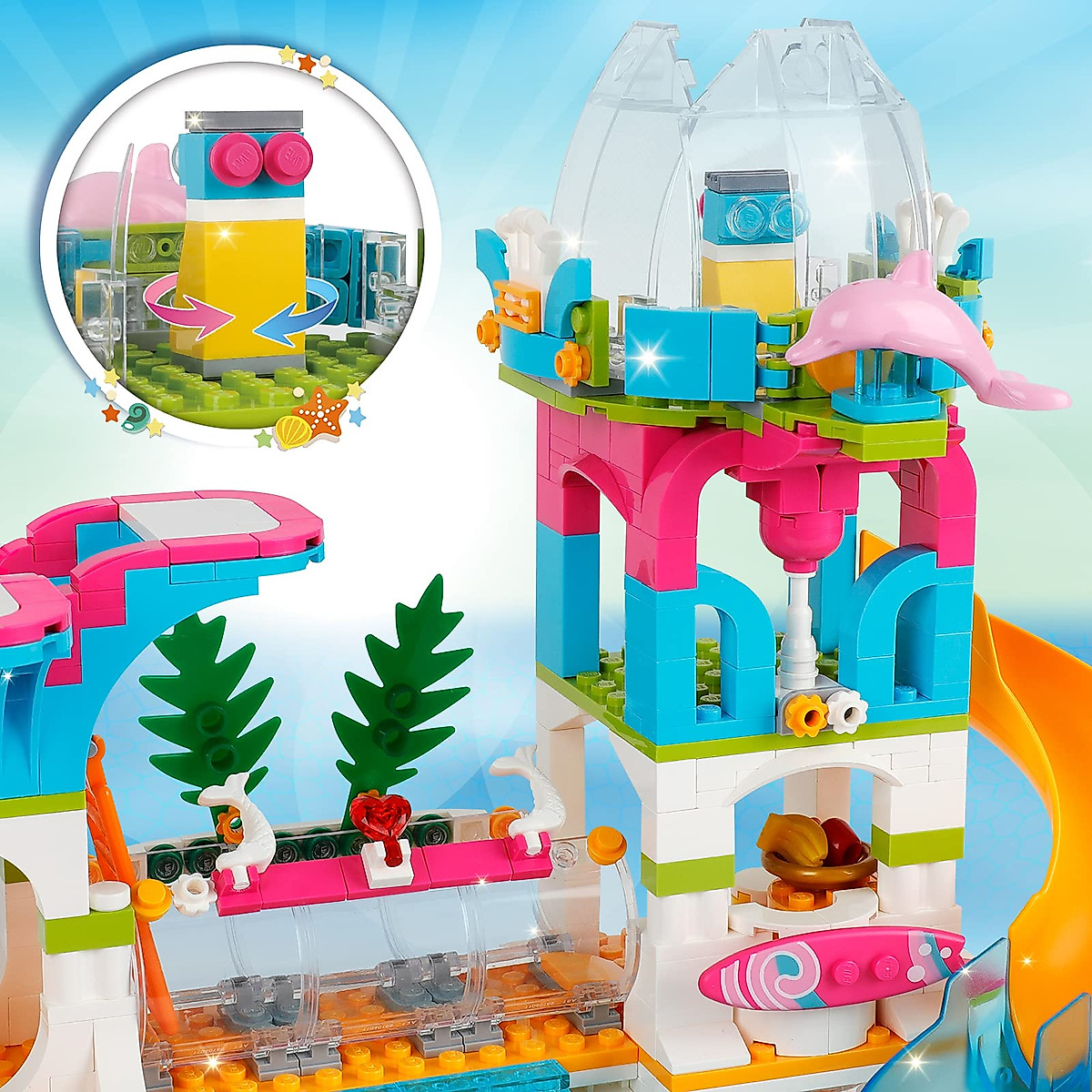 Building Set for Girls Friends Set Summer Swimming Pool Building Toys Water Park Building Blocks Playset Includes Ice-Cream Car, Shower Room, Christmas Birthday Present Gift for Kids Girls 6-12