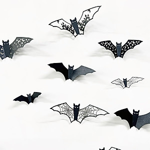 24Pcs Large Halloween Bats Decorations Hollow Out Bats Wall Decor, 3D Self-Adhesive PVC Scary Bat Stickers Halloween Party Indoor Supplies Waterproof Black Bats Wall Decals for Door Room Decor