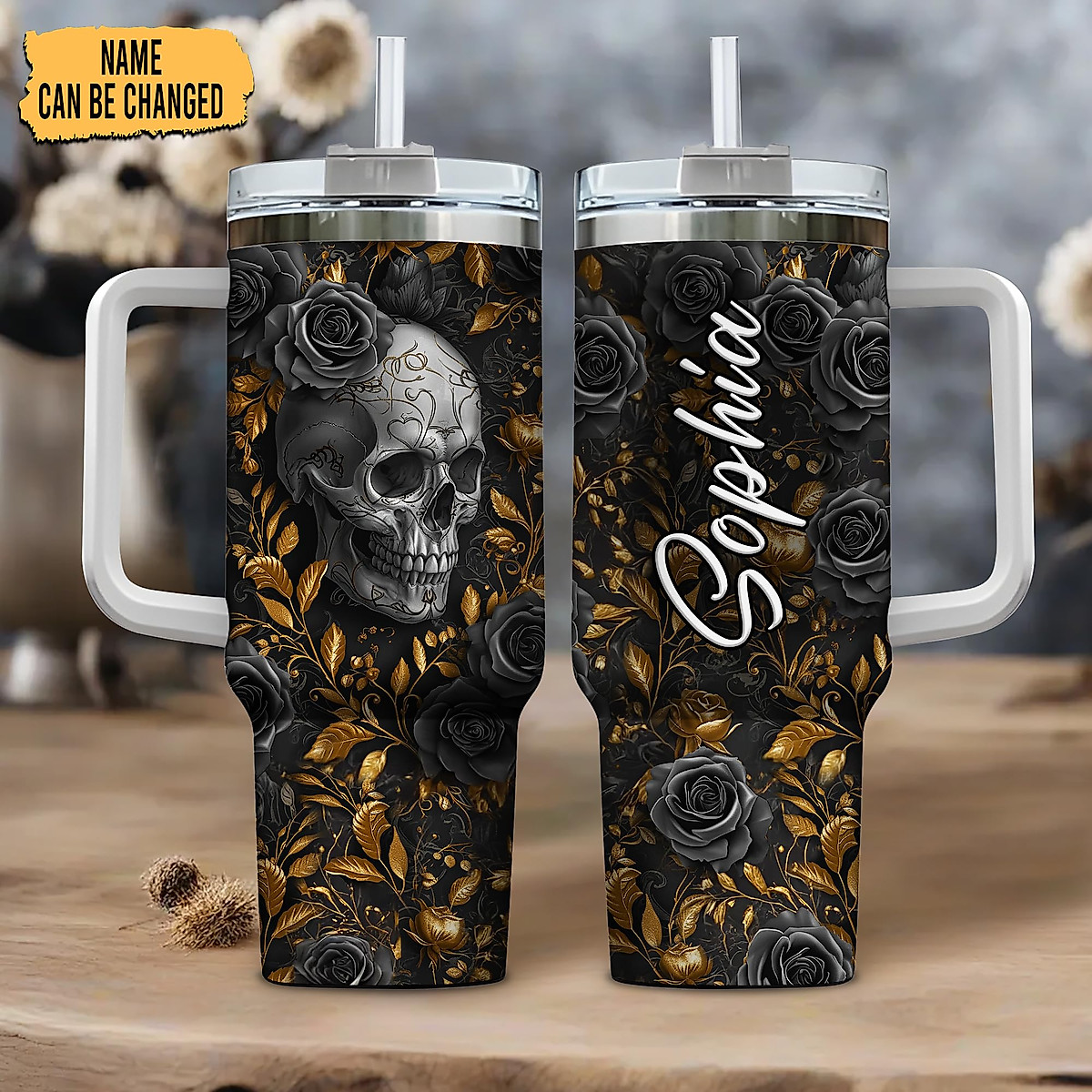 Hyturtle Personalized Gothic Skull Tumbler - Sunflower Gifts For Skeleton Lovers - Horror Lover Gifts - Gift For Women On Halloween - Spooky Tumbler - Custom Travel Coffee Cup 40oz With Lid And Straw
