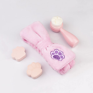 Headband Set of 4, Microfiber Bowtie Headband+Face Cleanser Brush+2 PCS Powder Puffs, Spa Headband Facial Makeup Hair Band for Shower Washing Face (Pink)