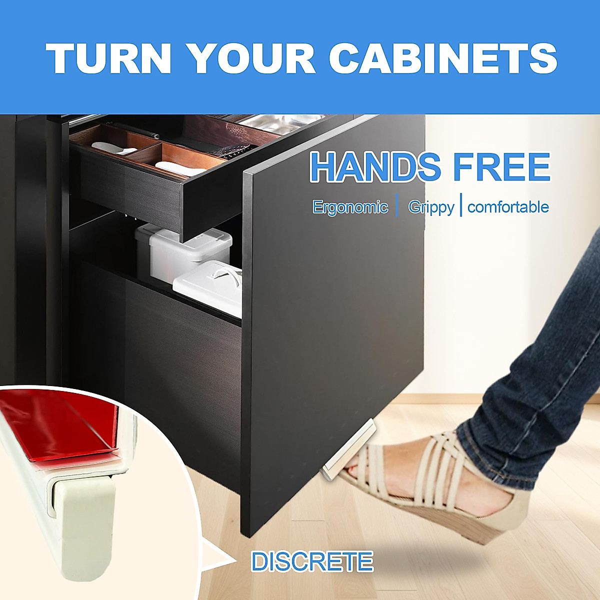 WALSIO Foot Pull for Trash Cabinet Drawer, 0.8 inches Wide Hand-Free Design for Kitchen Garbage Cabinet, Touchless Opener for Full Overlay Cabinet Door