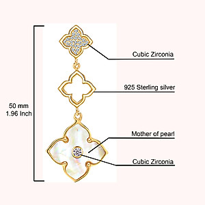 LeCalla 925 Sterlings silver Mother of Pearl Long Drop Earrings | 14K Gold-Plated CZ Three Clover Flower Drop Dangle Earring Mother's Day Gift for Women
