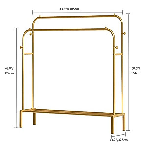 JOISCOPE Double Rods Portable Garment Rack for Hanging clothes, 43.5 * 60.6 Inch Metal Clothing Rack with Bottom Shelves and 4 Hooks,Freestanding Clothes Rack for Bedroom,Space Saving, Gold