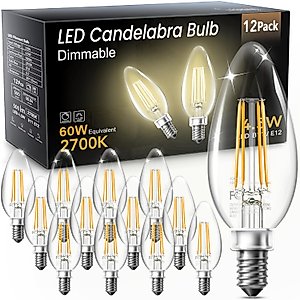 TJOY LED Candelabra Bulbs Dimmable, 60W Equivalent Chandelier Light Bulbs, 4.5W 2700K Warm White, 500LM, E12 Base, B11 Vintage LED Filament Clear Glass Candle Bulb for Ceiling Fan, Chandeliers,12 Pack