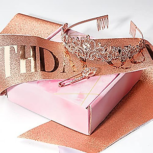 "BIRTHDAY QUEEN" Sash and Rhinestone Tiara Set, Birthday Tiara Crown Glitter Crystal Glitter Headband Hair Accessories for Girls Women Birthday Decorations Kit, Party Favors (Rose Gold)