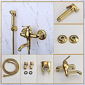NBAAYIK Wall Mounted Bathroom Toilet Bidet Mixer Spray Kit Golden Single Handle Sprayer Toilet Bidet Shower Head Bathroom Shower Bidet Taps Spray Toilet Cleaning Faucet-B