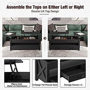 Seventable Coffee Table, 47.2" Lift Top Coffee Table with 2 Storage Drawers and Hidden Compartment, X Wood Farmhouse Support, Retro Center Table with Wooden Lift Tabletop, for Living Room,Black