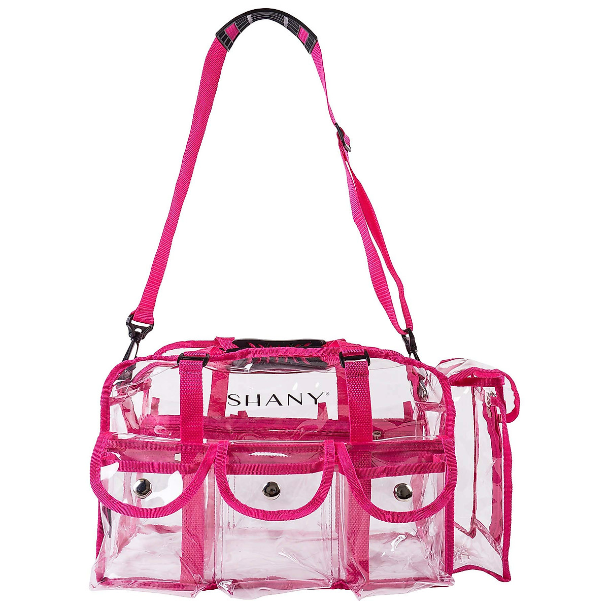 SHANY Clear PVC Makeup Bag - Large Professional Makeup Artist Rectangular Tote with Shoulder Strap and 5 External Pockets - PINK