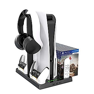 Cooling Fan Vertical Stand for Playstation 5 Console and Digital Edition, Controller Charging Station Dock for PS5 Dualsense Controller with Led Indicators and 15 Game Slots