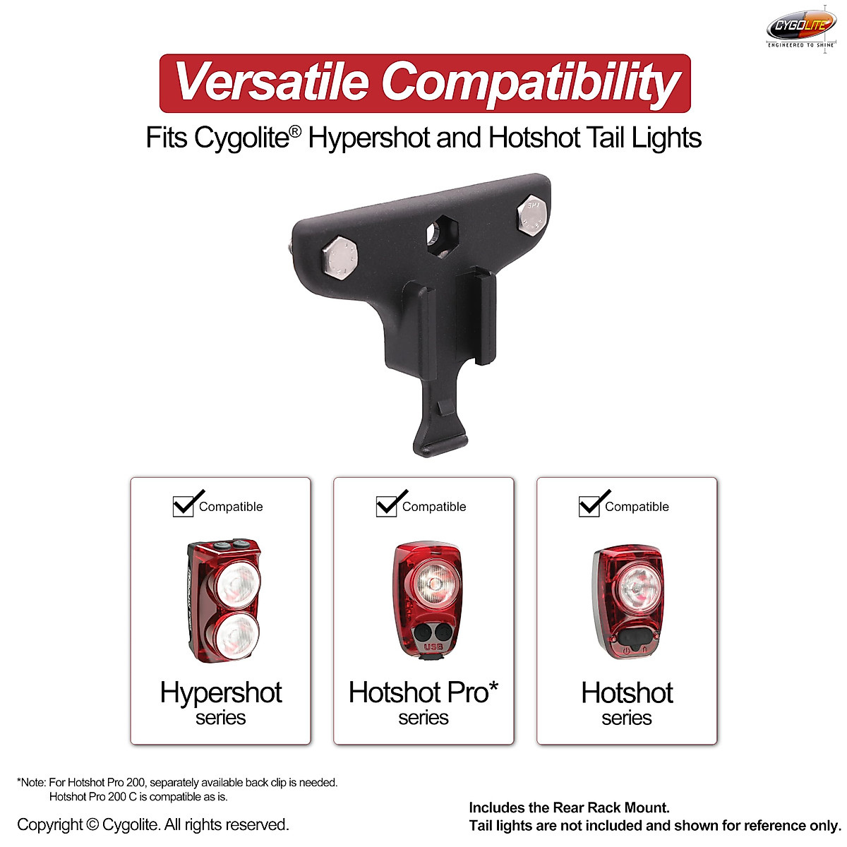 Cygolite Tail Light Rack Mount - for Hypershot, Hotshot Pro, and Hotshot Series Bicycle Taillights with Hard Mounts (Genuine Mount) Small