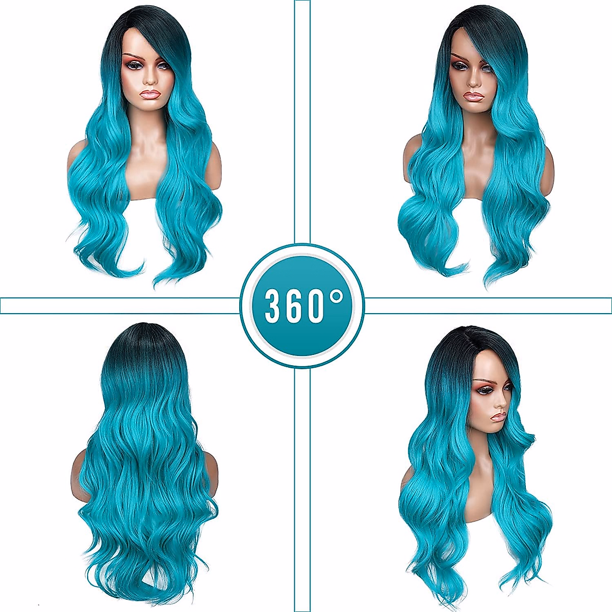 FAVE Ombre Bluish Green Wig Long Wavy Side Part Wig Heat Resistant Synthetic Hair Teal Blue Wig Mermaid Wigs for Women (Ombre Bluish Green)