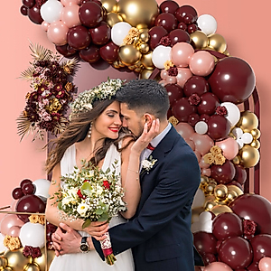 142pcs Burgundy Balloon Arch Garland Kit with Metallic Rose Gold Maroon Gold Balloons for Birthday Baby Shower Valentines Day Bridal Shower Wedding Engagement Bachelorette Party Decorations