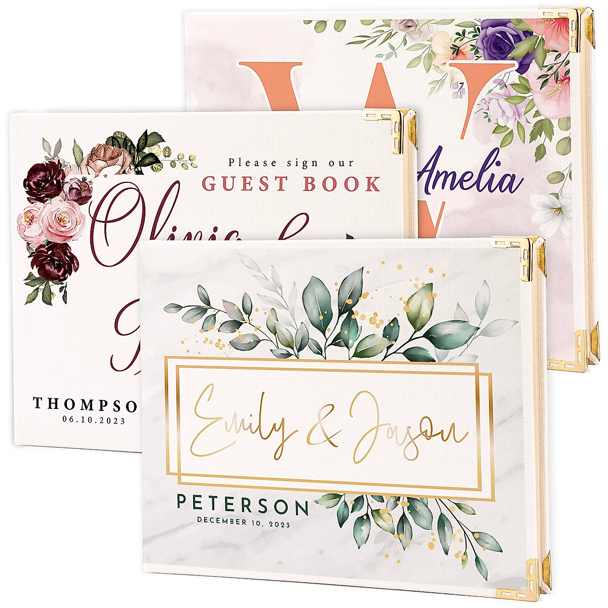 Personalized Wedding Guestbook w/Bride and Groom Name & Text & Date - 8 Floral Design 9"x7" Inches - Customized Hardcover Canvas Guest Book Registry Sign-in Gifts, Custom Large Signing Books Gift C1