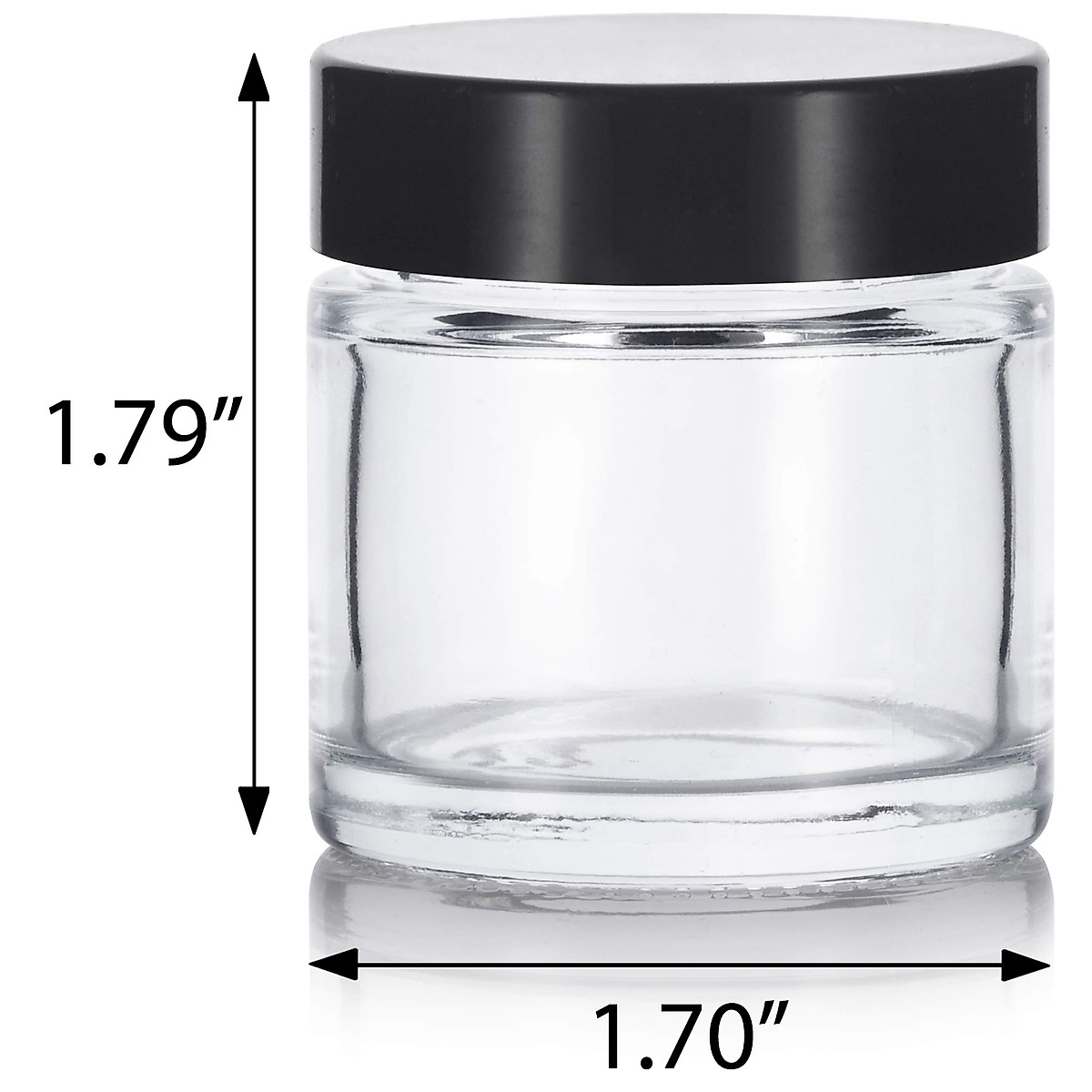 1 oz / 30 ml Clear Thick Wall Glass Straight Sided Jar with Black Smooth Lids (12 Pack) Airtight, Smell Proof