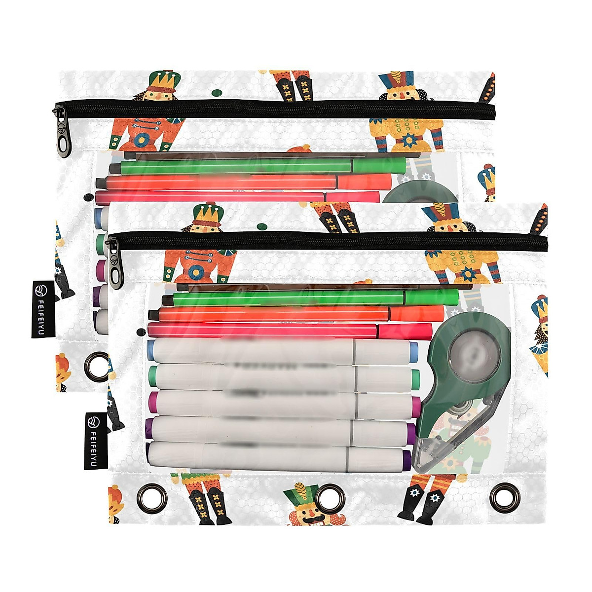 MCHIVER Christmas Nutcracker Pencil Pouch for 3 Ring Binder Pencil Case with Zipper Clear Window Binder Bag for Daily Office 2 Pack