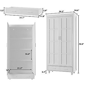ECACAD Bookcase Storage Cabinet with Glass Doors & Drawer, 3-Tier Wooden Bookshelf Display Cabinet for Living Room, Home Office, White (36.2”L x 14.6”W x 70.9”H)