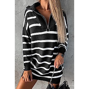 Sidefeel Women's Casual Striped Sweater Dress Fall Winter 2023 Half Zip V Neck Knitted Loose Mini Dress Long Sleeve Pullover Jumper Sweaters Black Large