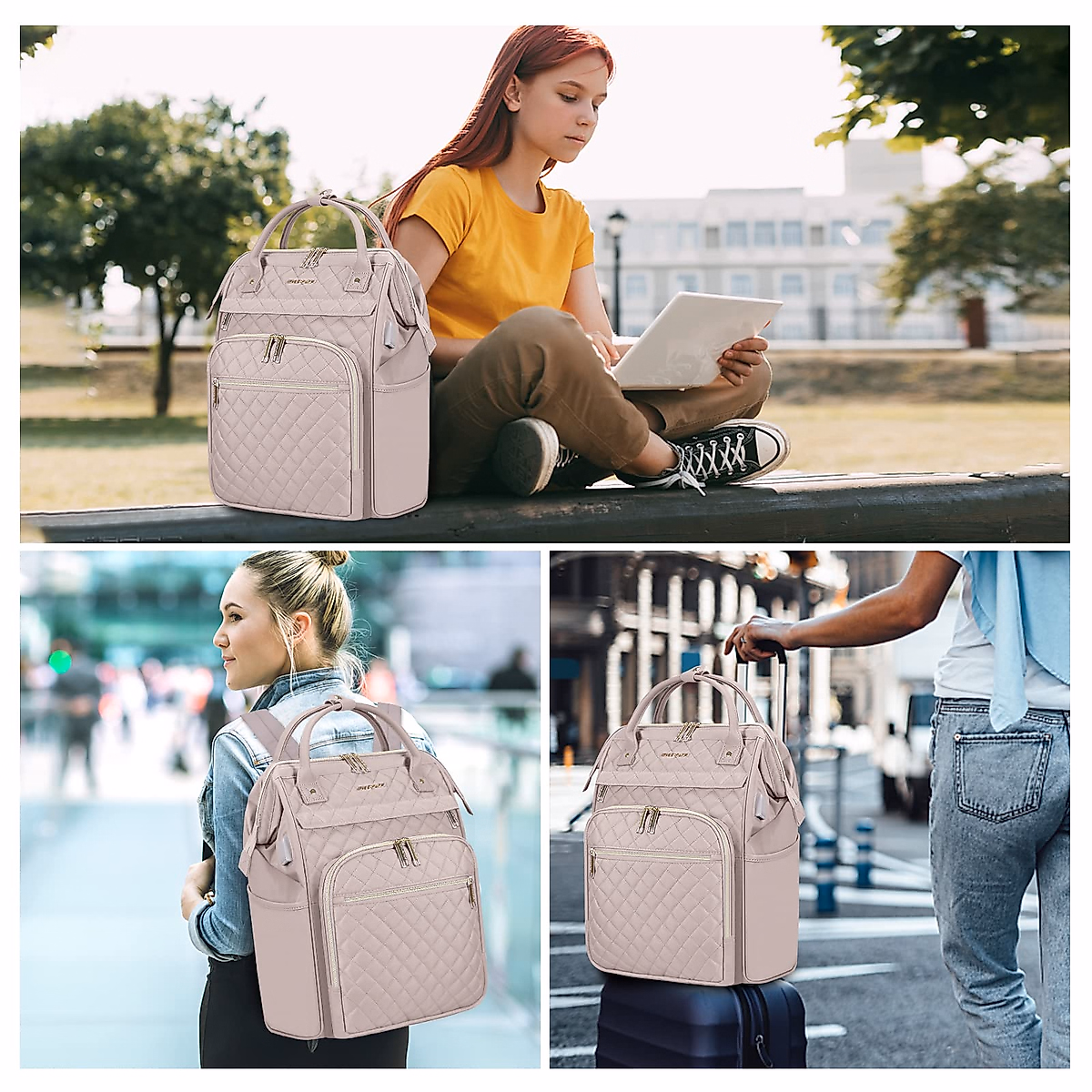 EMPSIGN 17 Inch Laptop Backpack for Women, Work Business Travel Computer College Bags, Large Capacity Water-repellent Quilted Casual Daypack with USB Port, Dusty Pink