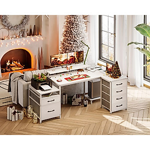 KKL L Shaped Computer Desk with File Drawers & 3 Power Outlets & 2 USB Ports, 72 Inch Home Office Desk with Printer Cabinet & Monitor Shelf & Host Storage Shelves, White Writing Desk