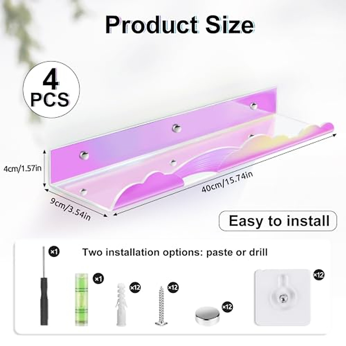 wooshwa Iridescent Rainbow Acrylic Floating Shelves,15in Kids Wall Mounted Nursery Bookshelves, Display Ledge for Books Toys Cosmetic, Bathroom Bedroom Living Room Wall Decor and Storage, 4 Pack