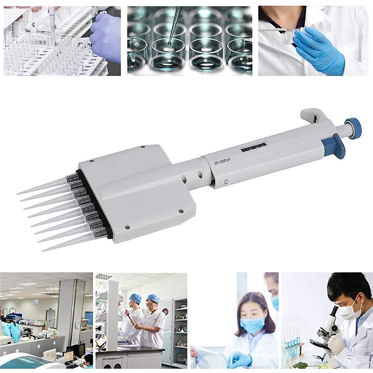 Lab Micropipette Adjustable Volume Pipettor 8-Channel Multichannel Pipett Micro Pipettes Variable Volume Pipettes for Scientific Lab and School 50-300渭l