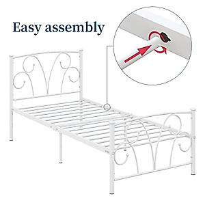 Elephance Twin Bed Frame with Headboard, Metal Platform Bed Frame with 12 Inch Storage Space No Box Spring Needed (White)